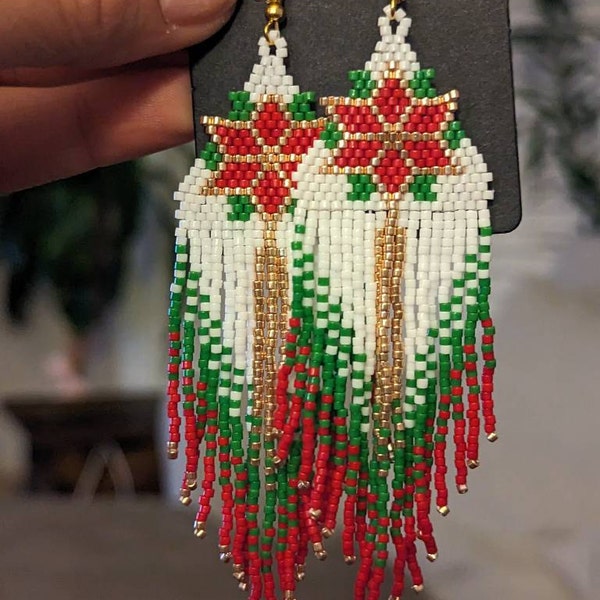 Christmas Earring Patterns Brick Stitch Poinsettia Earrings Seed Bead ...