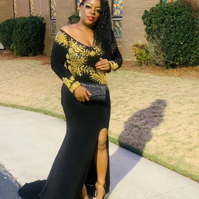 Royal Eden Prom Dress Navy Blue , Long Train, Gold Beads - Etsy