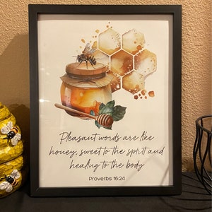 Honey Bee Bible Verse Poster Nature Honeybee Floral Wall Art Bumble Bee ...