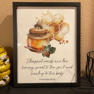 Honey Bee Bible Verse Poster Nature Honeybee Floral Wall Art Bumble Bee ...