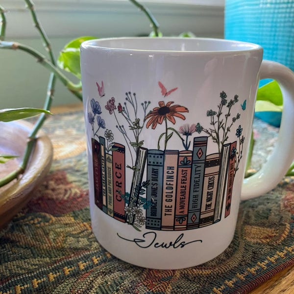 Personalized Floral Books Mug, Favorite Bookshelf Coffee Mug, Custom ...