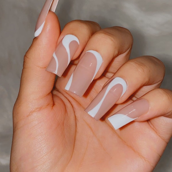 MAEVE Reusable Hand Painted Press on Nails | White Abstract Minimal ...