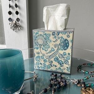 Aqua French Toile Tissue Box Cover - Etsy