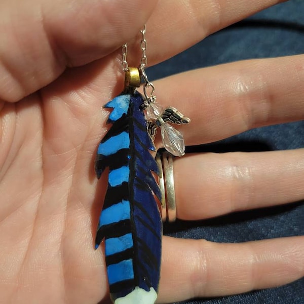 Blue Jay Feather Necklace, Blue Feather Necklace, Memorial Jewelry, Jay ...