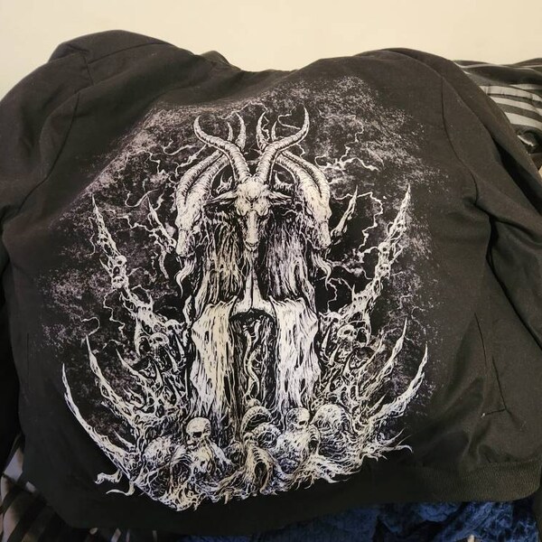 Skull Satanic Goat Satanic Pentagram Smoke Flame Jacket Plain Black ...