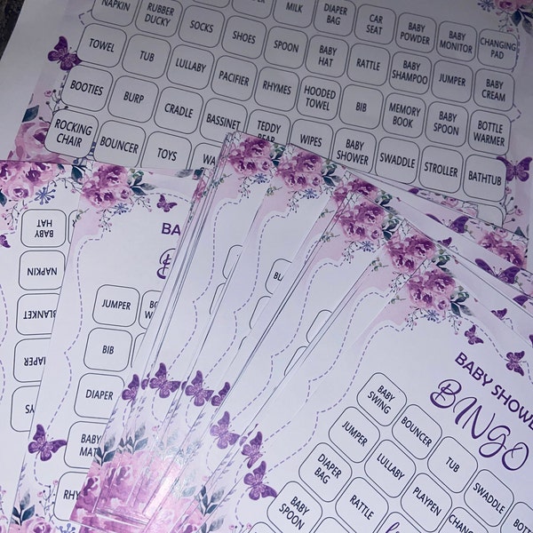 Butterfly Baby Shower Bingo Cards Printable, Purple White Baby Shower ...