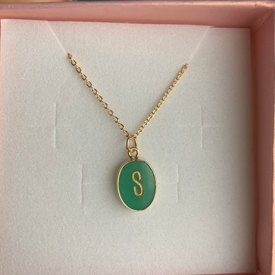 Oval Initial Gemstone Necklace, Gold Initial Necklace, Initial Pendant ...