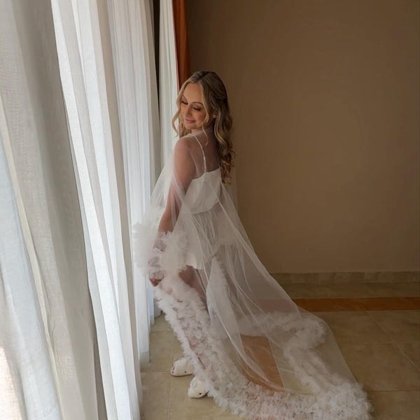 Bride Robe Long Full Lace Floral Wedding Sheer Robes Getting Ready ...