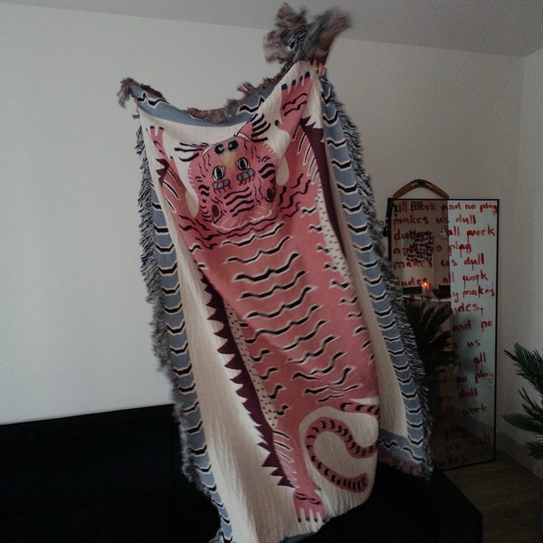 Pink Tiger Throw Blanket | Art Woven Blanket | Tiger Folk Art Decor ...