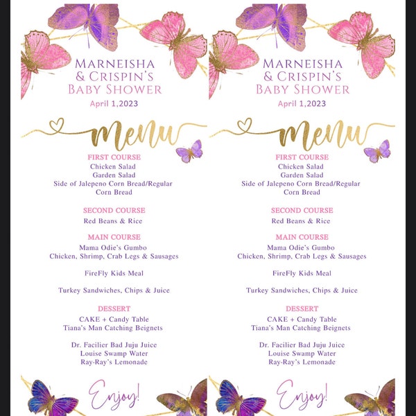 Pink Butterfly Menu Template, Baby Shower Menus, Girl 1st Birthday Tea ...