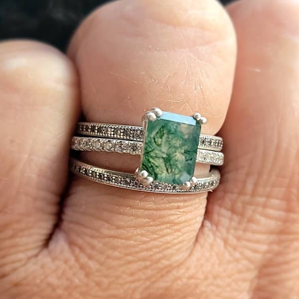 Natural Moss Agate Ring-emerald Cut Moss Agate Ring-gold-silver ...