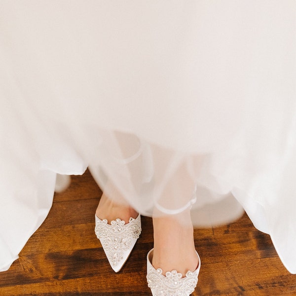 White Satin Pointy Toe Flats With Sparkly RHINESTONES APPLIQUE , Women ...