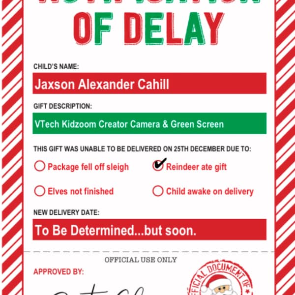 Late Gift Letter From Santa - Delayed Christmas Gift Notice - Missing ...