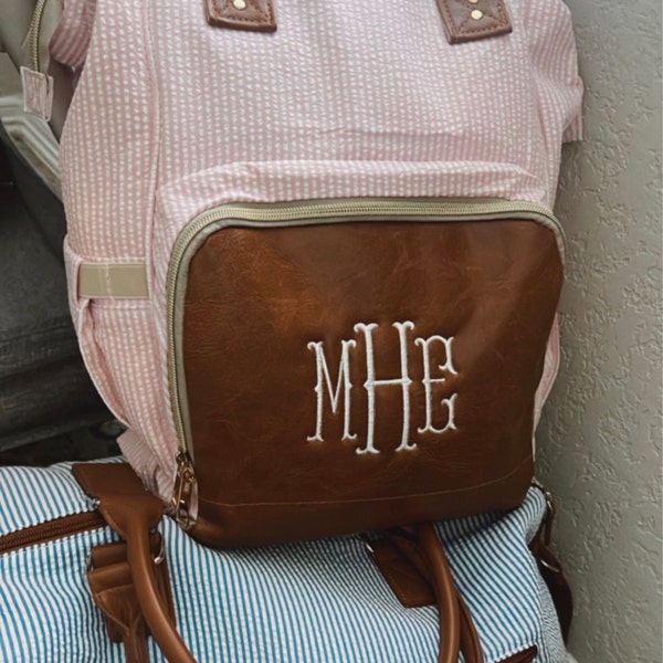 Monogram Seersucker Diaper Bag Backpack | Personalized Baby Shower Gift ...