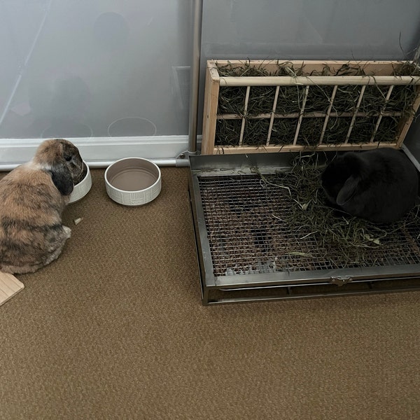 Stainless Steel Scatterless Litter Box With Guards Wood Hay Feeder Food ...