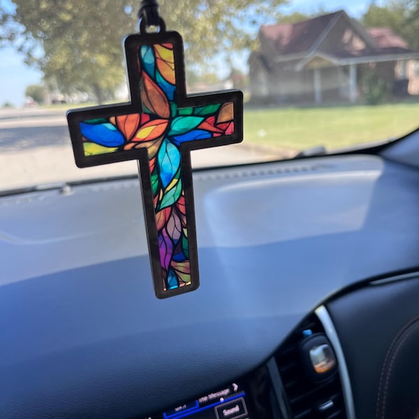Stained Glass Cross, Rear View Mirror Ornament, Car Ornament, Car Charm ...