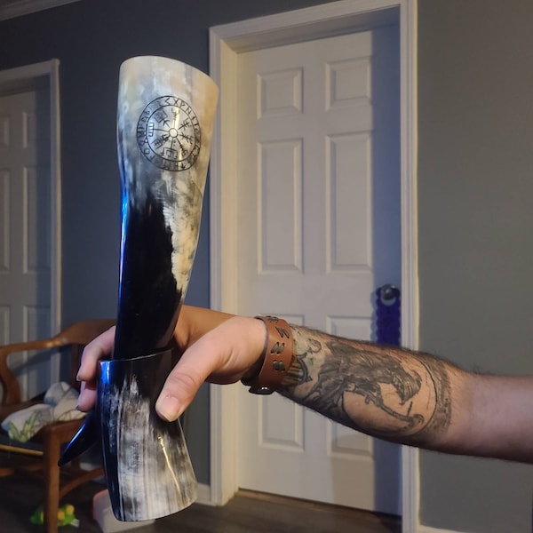 Viking Drinking Horn - Compass Engraved | Leather Holster | Unique 100% ...