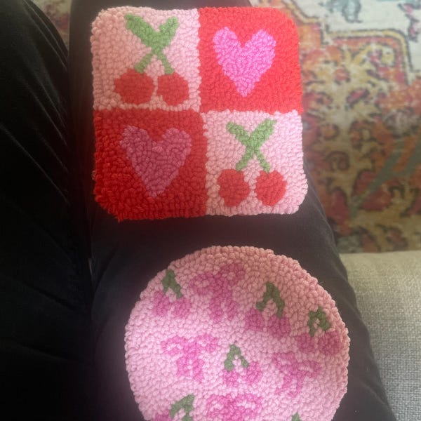 Pink Bow Coaster, Cherry Punch Needle Coaster,cherry and Bowl Mug Rugs ...