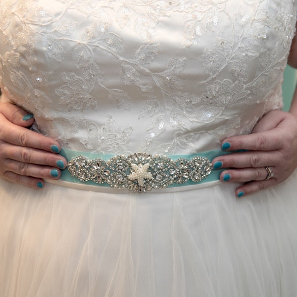 Beach Wedding, Beach Wedding Sash, Starfish Sash, Aqua Sash, Bridal ...