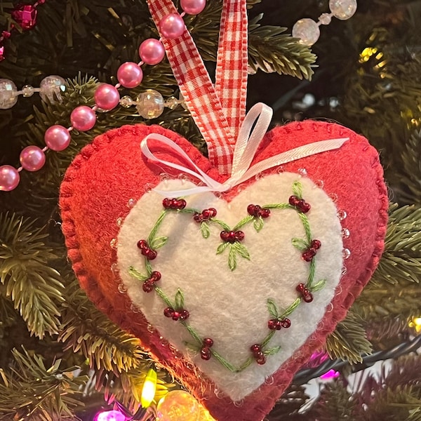 Wool Felt Heart Ornament, Embroidered Valentine Heart, Flowered Felt ...