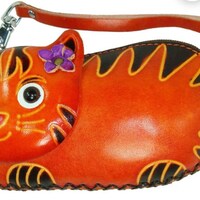 Genuine Leather Wristlet Change Purse. Red Elephant Pattern Embossed on ...