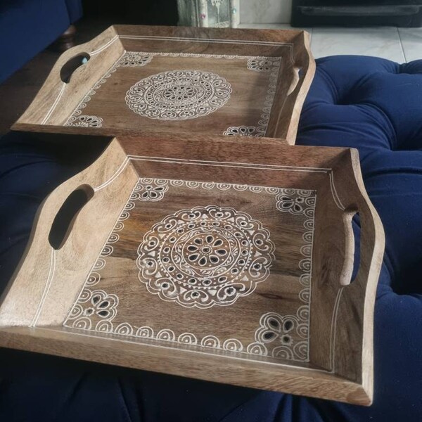 Natural Mango Wood Tray Handcrafted Breakfast Tray Mandala & Jaali ...