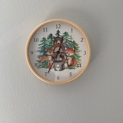 Woodland Animals Wall Clock, Watercolor Evergreens Pine Trees Forest ...