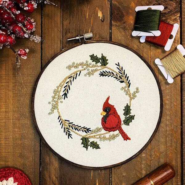 PDF Pattern - 8" Cardinal Wreath - Step by Step Beginner Embroidery ...