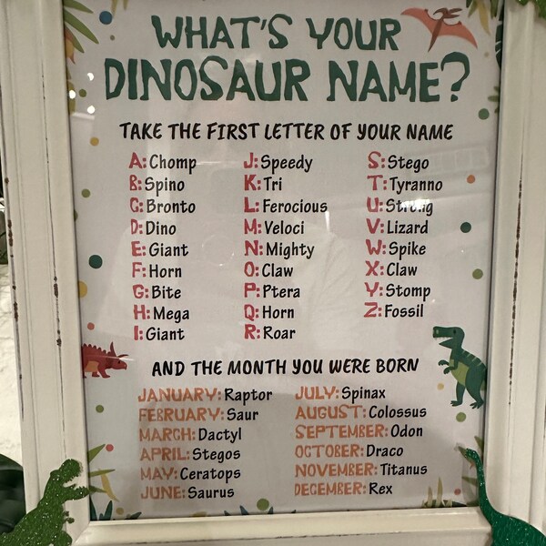 Dinosaur Party Sign, What's Your Dinosaur Name Sign, Dinosaur Birthday ...