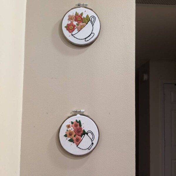 Embroidered Tea Cup Sign With Florals, Hand Embroidery Tea Art, Tea ...