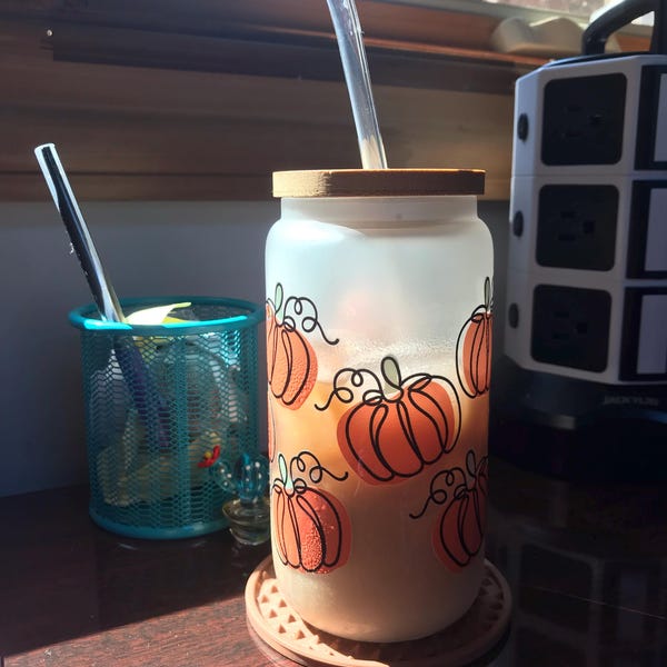 Pumpkin Glass Can Coffee Cup With Lid and Straw, Fall Coffee Mug, Fall ...