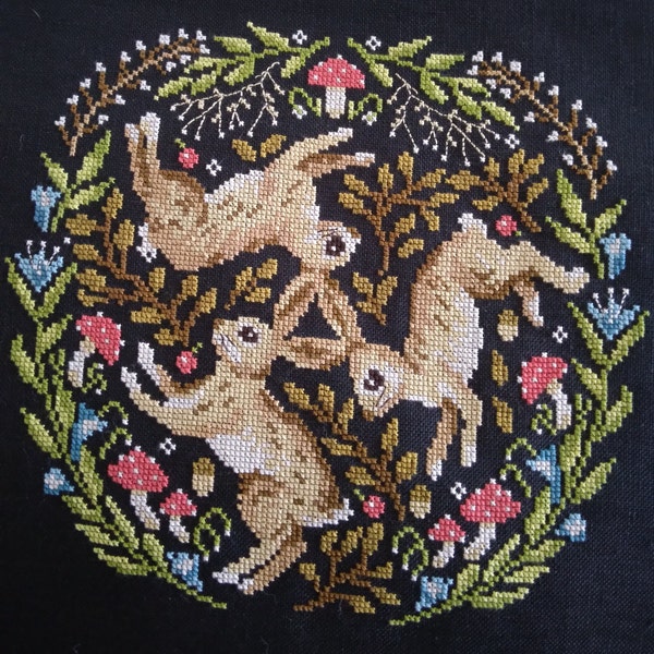 3 HARES, Bunny Cross Stitch Pattern, Rabbit Chart, Mushrooms, Trinity ...