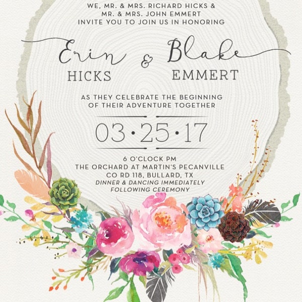 Flower Boho Engagement Invitation / Feather Invitation / Succulent ...