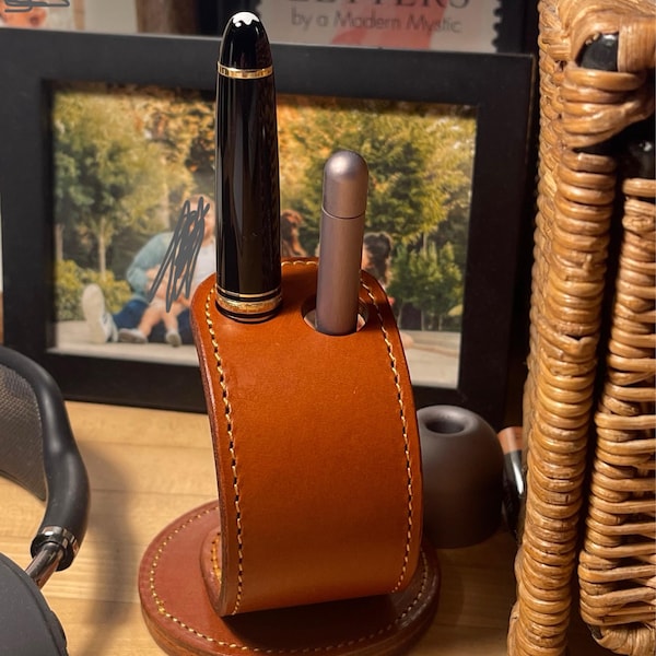 Leather Fountain Pen Stand, Black Leather Pen Holder, Leather Desk Pen ...