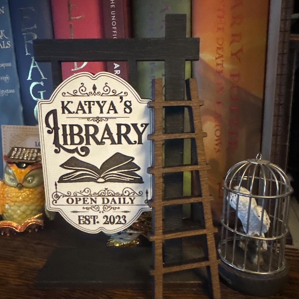 Personalized Library Sign, Mini Wooden Signpost With Ladder Library ...