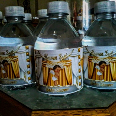 Printable Water Bottle Labels Heavent Sent Angel Boy Gold Baby Shower ...