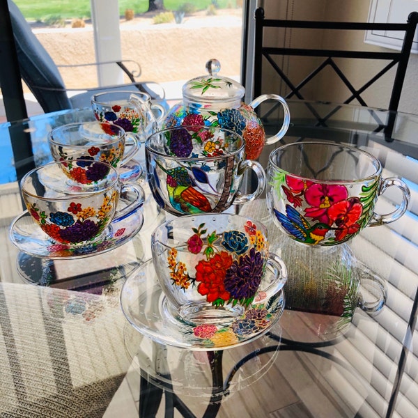 Personalized Flowers Tea Set Teapot With 2 Cups and Saucers, Glass ...