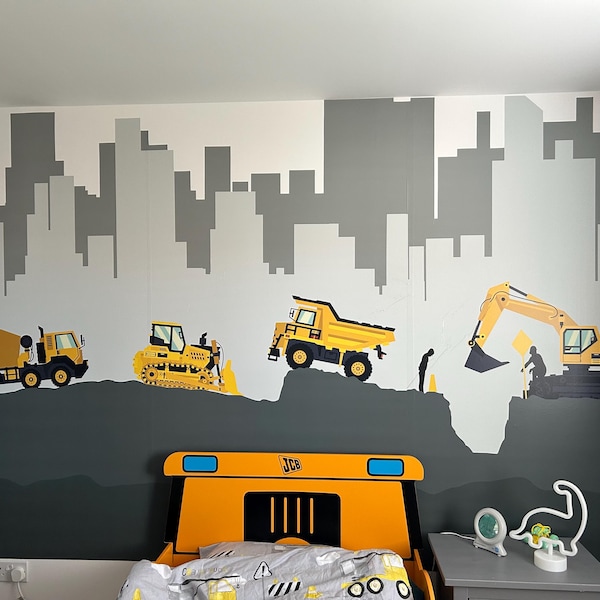Digger Trucks Mural - Removable Wall Decal - Large Wall Mural - Vinyl ...
