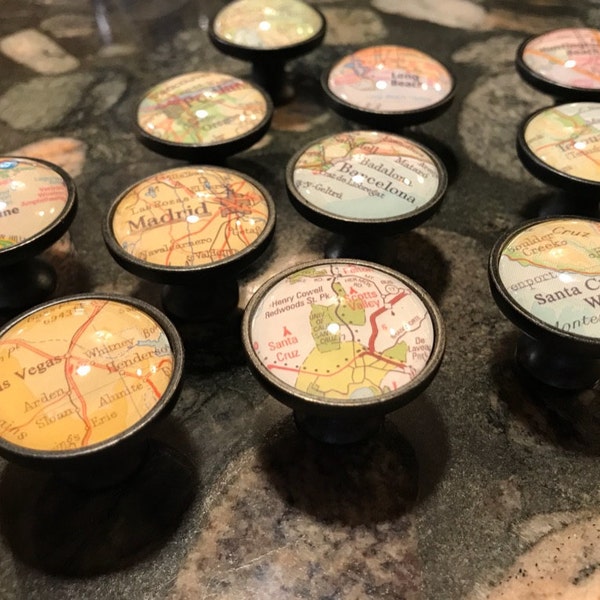 Custom MAP CABINET KNOB / Map Drawer Pull / Glass Domed Nickel, Bronze ...
