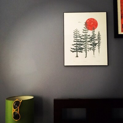 Evergreen Trees Screenprint Art Print Silkscreen Red Sun Northwest ...
