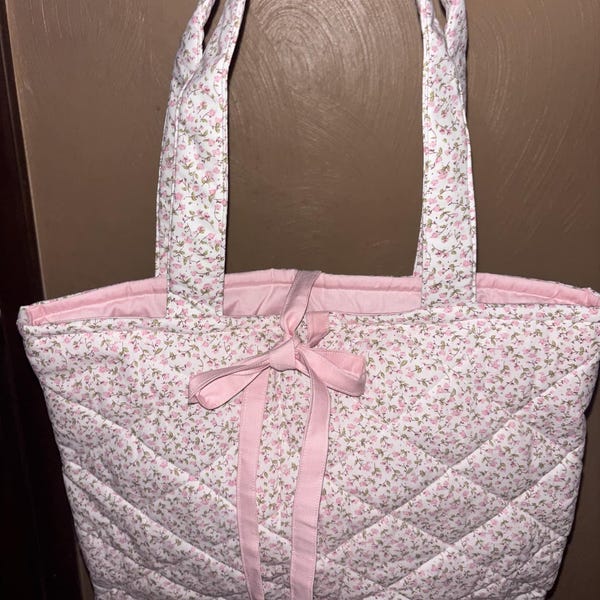 Pink Floral Tote Bag, Ribbon Tote Bag, Aesthetic Tote Bag, Cute Tote ...