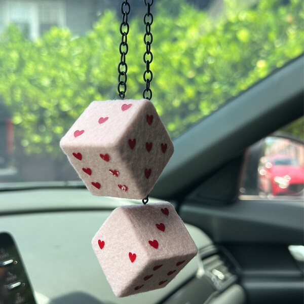 Baby Pink Fuzzy Dice With Red Hearts and Chain or Cord / Car ...