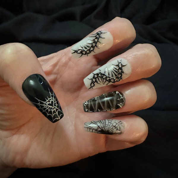 Centipede Silver Black Nails, Gothic Press on Nails, 3D Centipede Nails ...