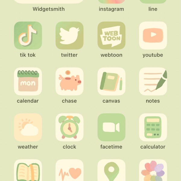 Cute Green Hand Drawn Ios & Android App Icons | Home Screen Set | App ...