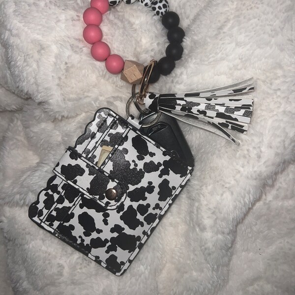Cow Print Beaded Wristlet Keychain| Cow Print Silicone Bead Bangle ...
