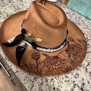 Tyler Childers Custom Hand Burned Wide Brim Fedora Hat Floral, Flowers, Card, Stitched, Concert ...
