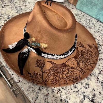 Burned Western Boho Wool Felt Fedora Cowgirl Hat Derby Lainey Wilson Yellowstone Custom Floral ...