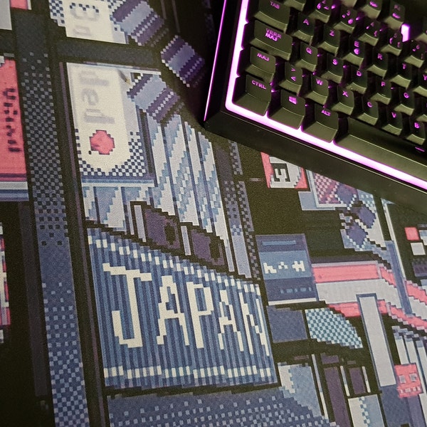 Retro Vaporwave Mousepad, Neon Tokyo Street Pixel Art, Purple Japanese ...