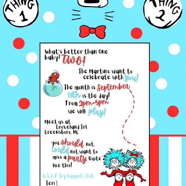 Dr Seuss Personalized Party Invitation Boys Personalized Kids Birthday