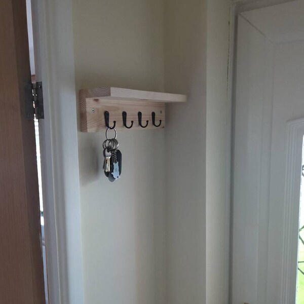 Dark Oak Waxed Wall Mounted Key Holder With Shelf “black Hooks” Key ...